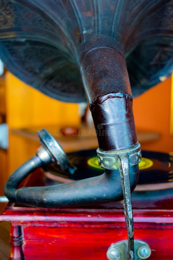 Old gramophone on a table stock image. Image of phonograph - 207973093