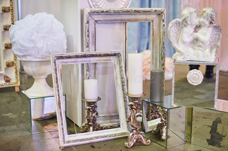 Old Photo Frames and Candles with Decorations for Studio Stock Photo ...