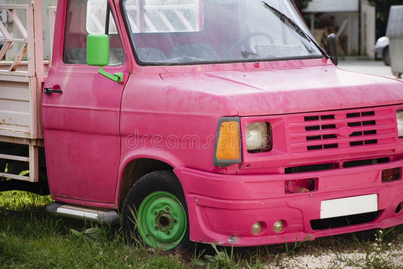 Old pickup in pink color stock photo. Image of auto - 214468754