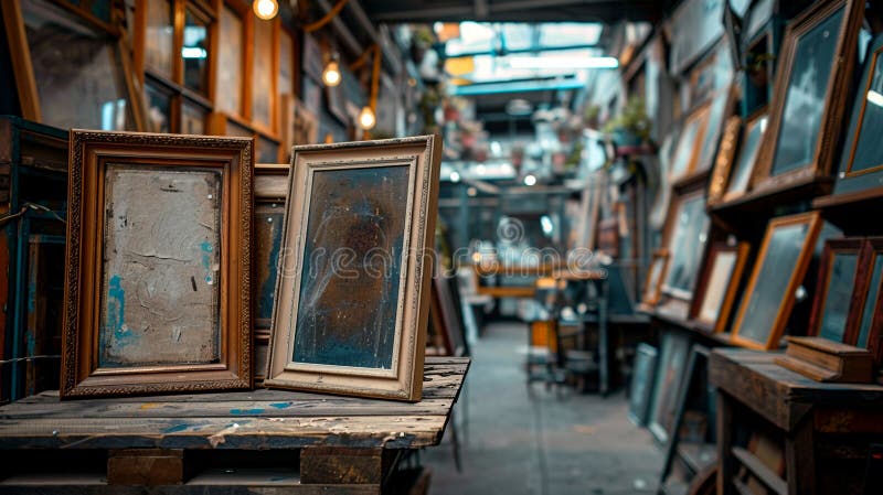 Vintage Picture Frames Displayed in a Rustic Workshop during Daylight ...