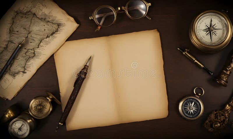 An Old Piece of Paper with Feathers , a Pen and a Compass on it Stock ...