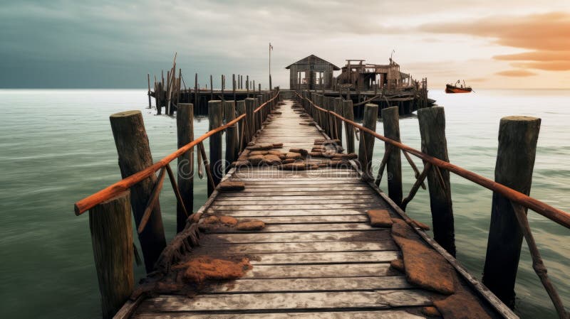 An Old Pier for Boats. Generative AI Stock Illustration - Illustration ...