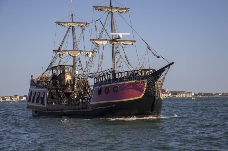 An Old Pirate Ship Boat Sailboat at Sea at Anchor in Italy Side View ...