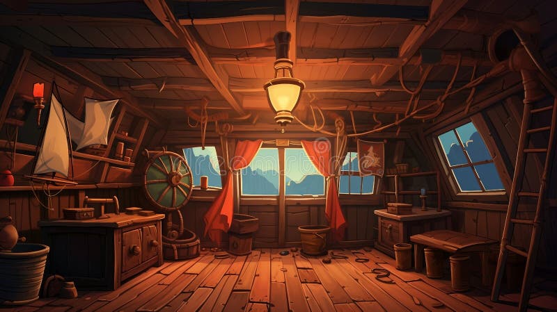Old Pirate Ship Cabin with Bed and Window at Sunset Illustration AI ...