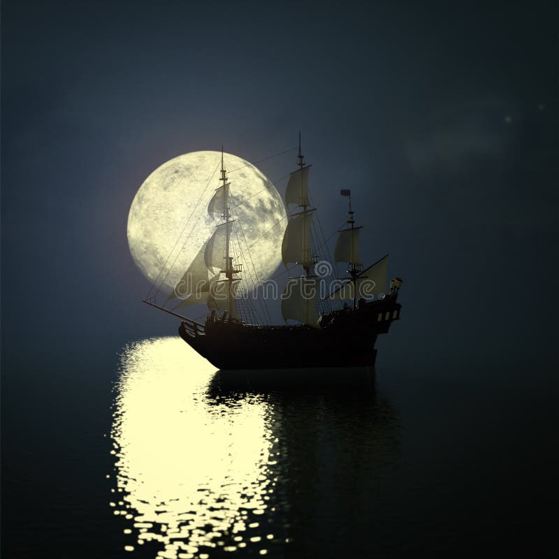 Old Pirate Ship Sea Full Moon Sea. 3d Rendering Stock Illustration ...