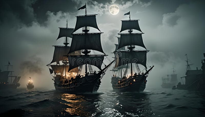 Old Pirate Ships Floating through Foggy Waters Stock Illustration ...