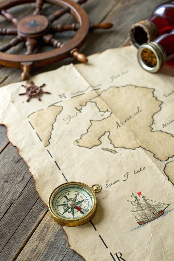 Old Pirate Treasure Map with Compass Stock Illustration - Illustration ...