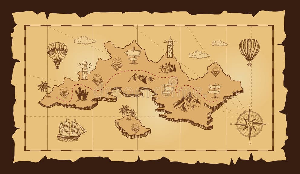 Old Pirate Treasure Map. Hand-drawn Illustrations. Stock Vector ...