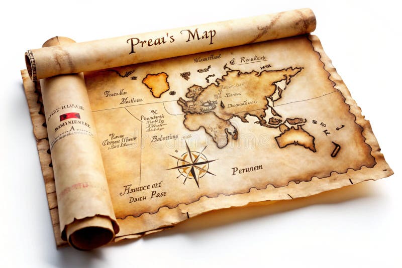 Old Pirates Scroll Map with Marked Treasure Location on White Stock ...