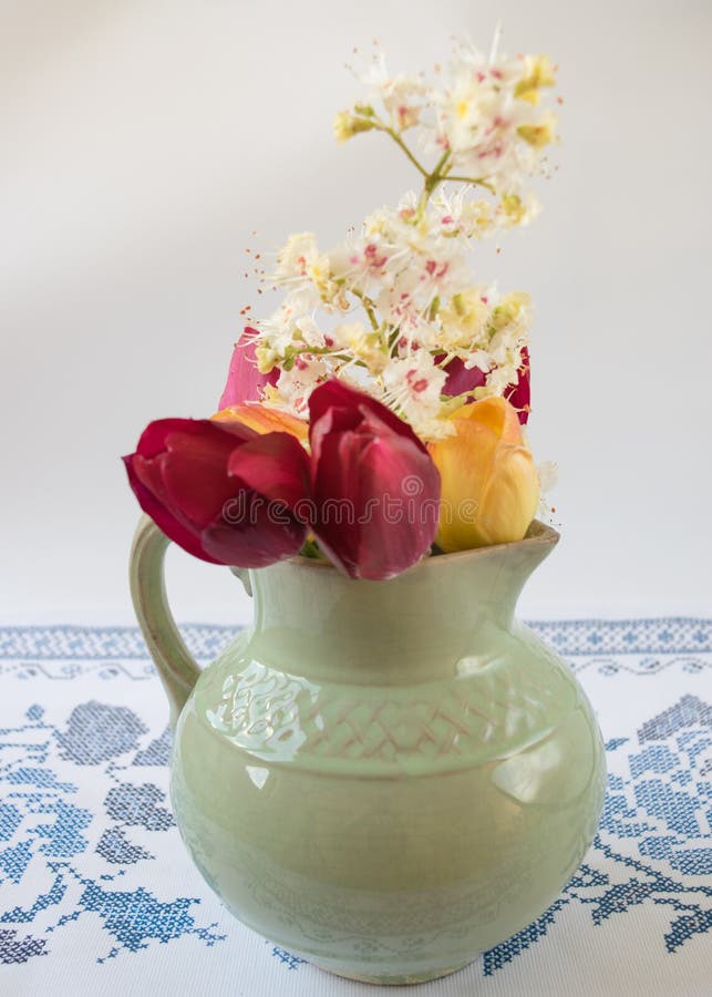 Old Pitcher with Flowers of Tulips Stock Image - Image of bright, white ...