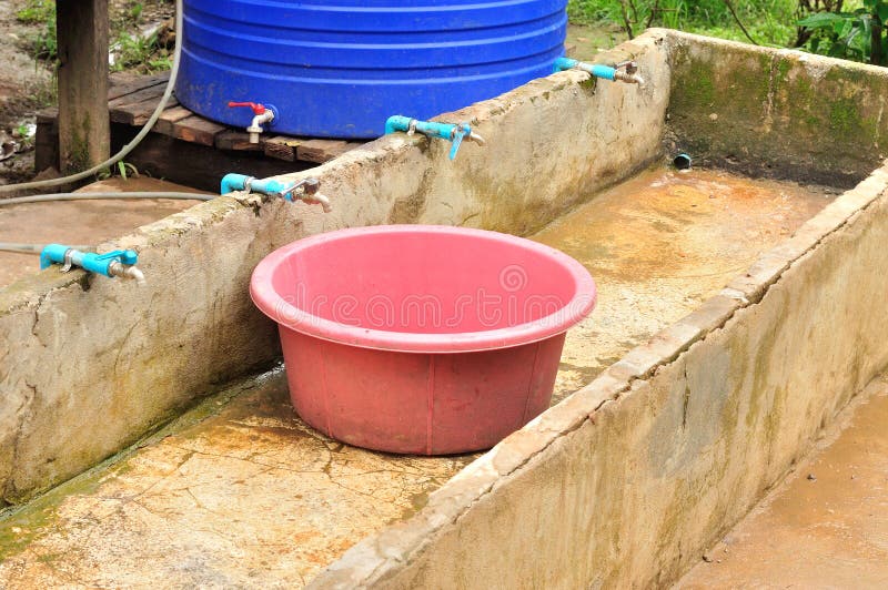 Old Plastic Basin in Cement Sink for Cleaning Stock Image - Image of ...