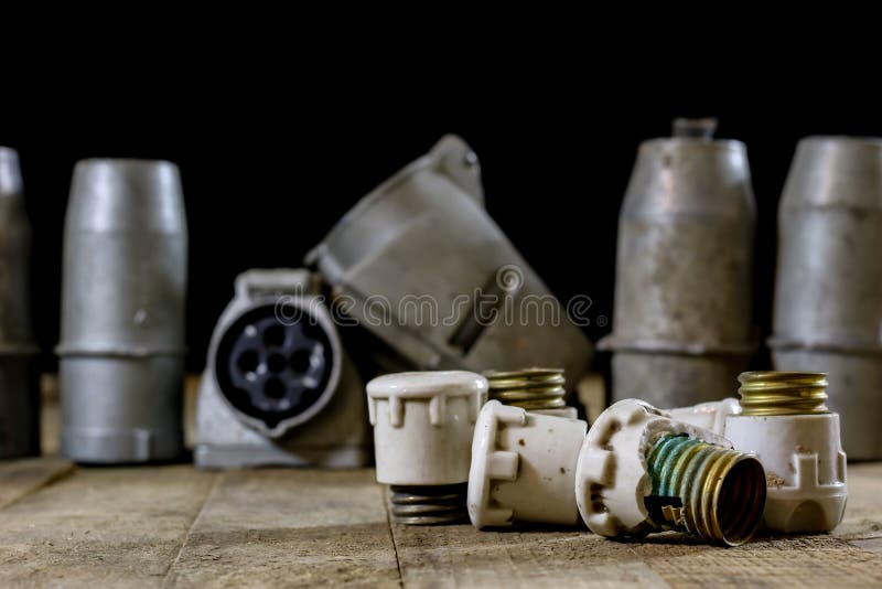 Old Plug and Socket High Voltage. Old Electrical Accessories. Wooden ...