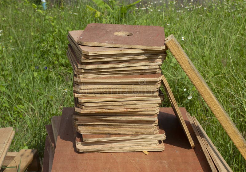 Old Plywood Sheets Stacked Behind the Factory. Stock Image - Image of ...