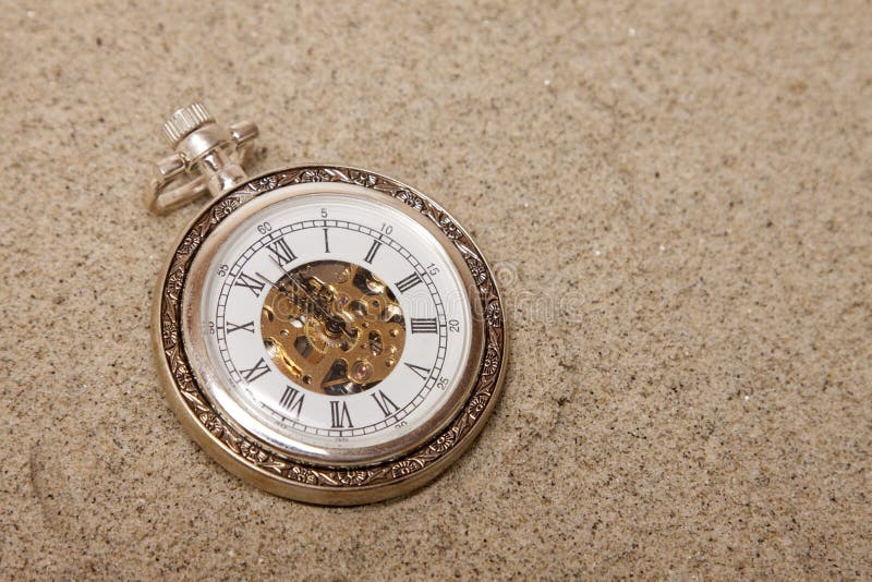 Old Pocket Watch Buried in Sand. Stock Photo - Image of clock, time ...