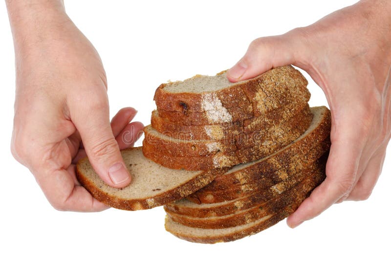 Old Poor Senior Man Eat with Hands Sliced Dark Rye Rustic Bread ...