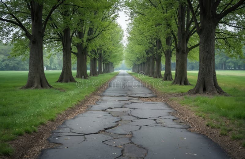 Old Poplars Line Cracked Asphalt Path. Tree Roots Damage Road Surface ...