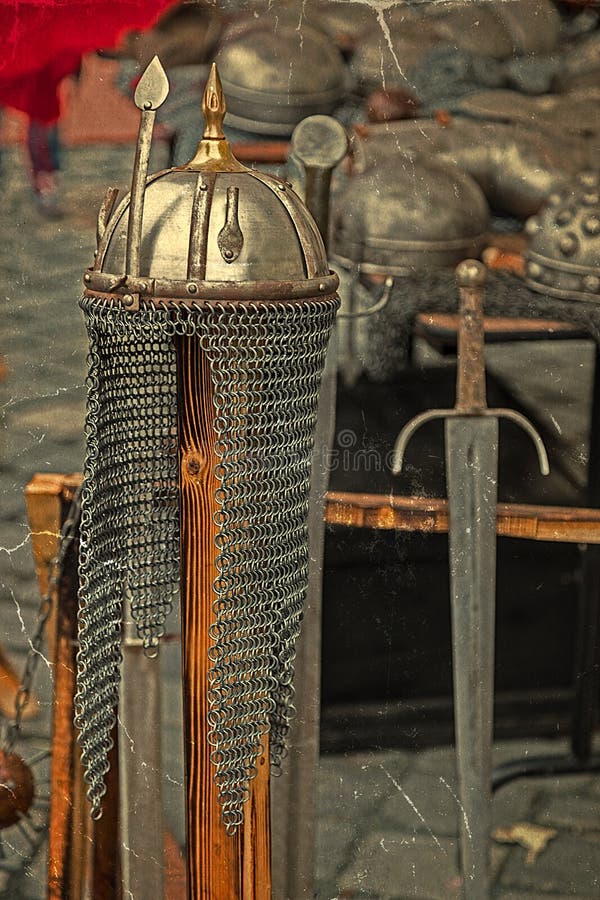 Old Postcard with Armor and Medieval Weapons on Display Stock Photo ...