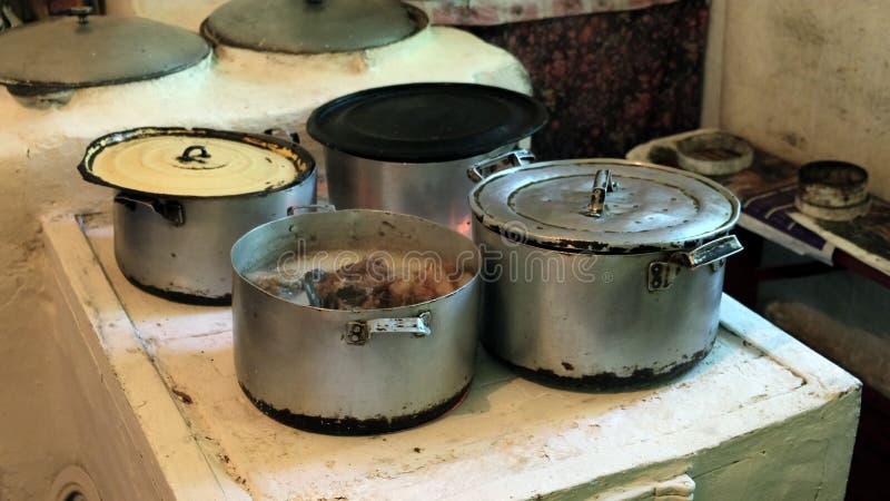 Old Pots on the Rustic Stove. Cooking in a Rural Setting Stock Video ...