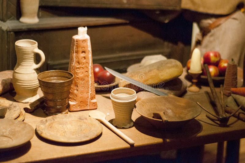 Old Pottery on the Table. Table Set in Medieval Style. Lunch Time ...