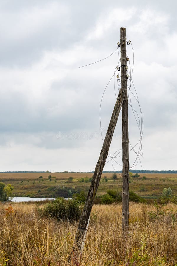 Old Power Line Pole with Broken Wires Stock Image - Image of current ...