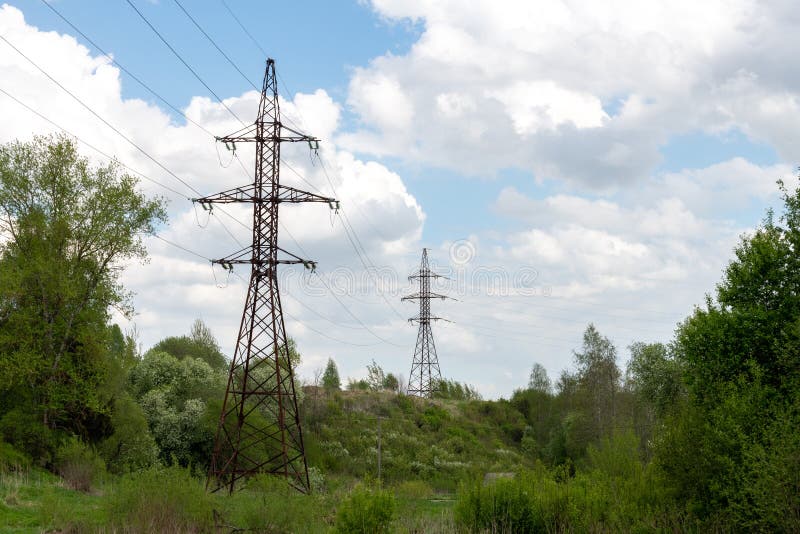 Old Power Lines Against Backdrop of Nature in Summer, Russia Stock ...