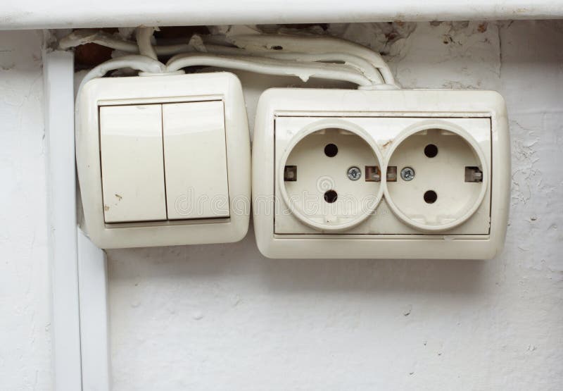 Old Power Socket and Switch on the Wall Stock Image - Image of concrete ...