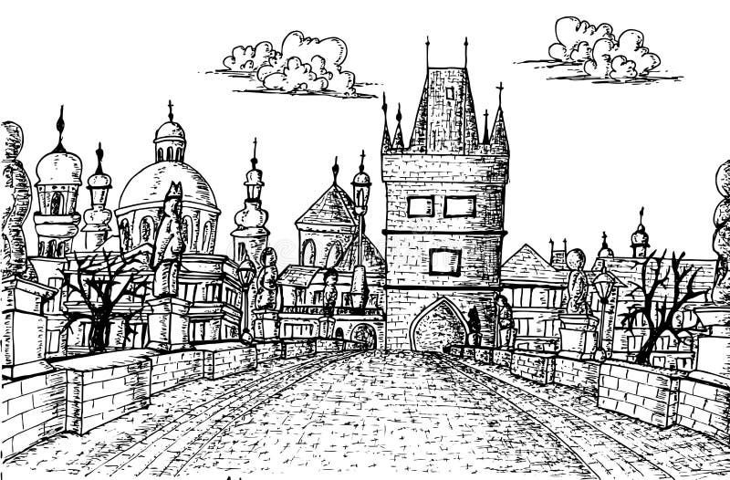 Old Prague Charles Bridge Sketch Stock Vector - Illustration of ...