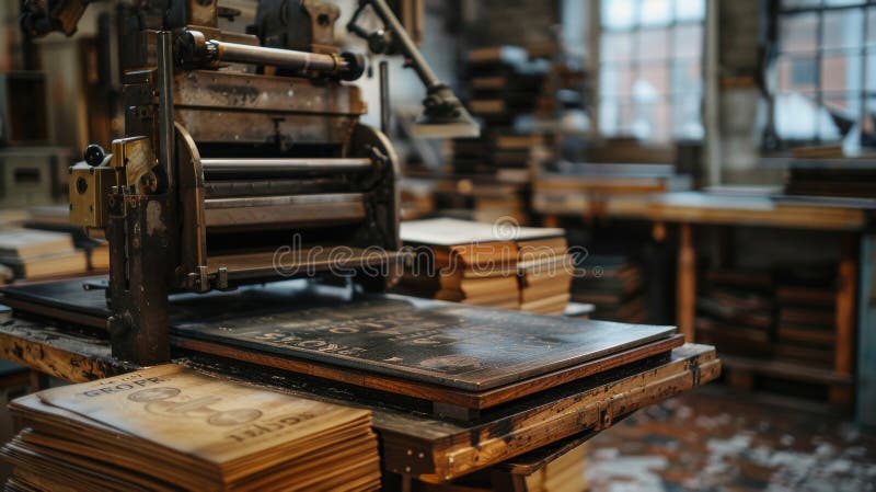 Old Printing Press a Printer with Stacks of Printed Pages Stock ...