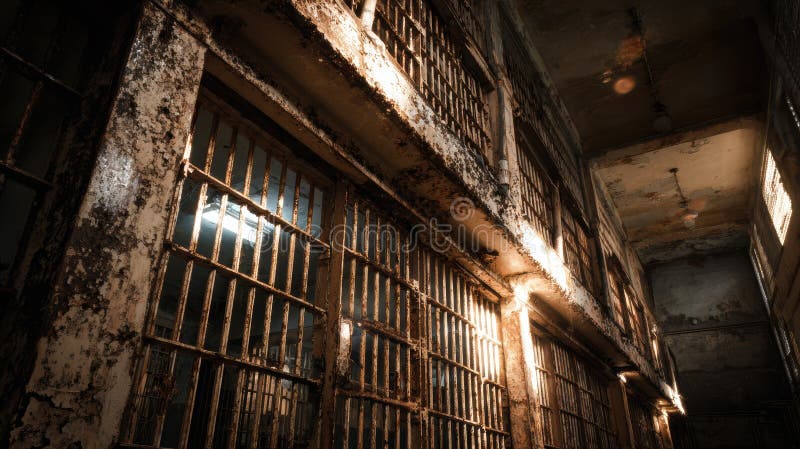 Old Prison Cell Block with Empty Cells, Peeling Paint, Harsh Lighting ...