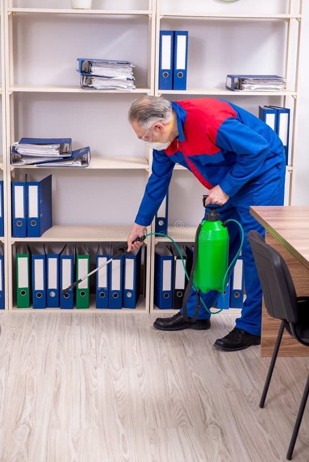 Old Professional Contractor Doing Pest Control in the Office Stock ...
