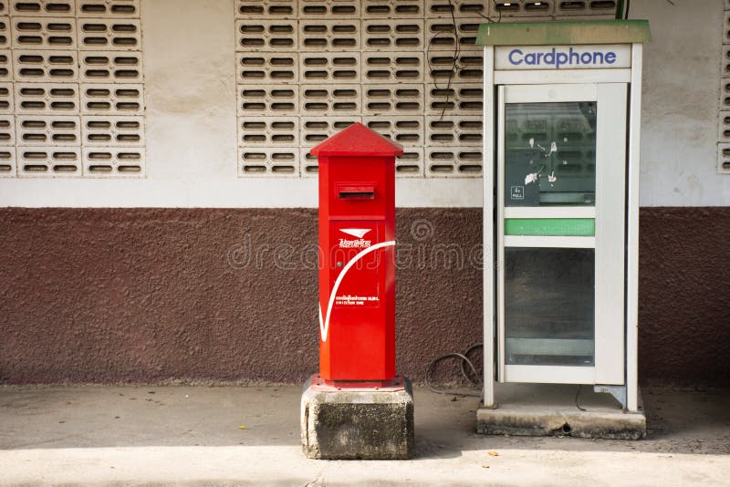 Old Public Telephone in Booth and Red Post Box on Pathway for Thai ...