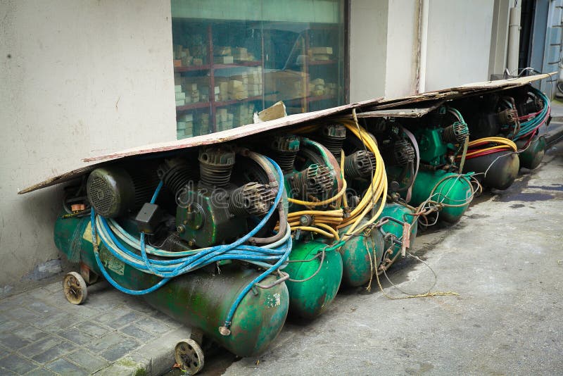 Old Pump Compressor Outside Stock Image - Image of manometer, blue ...