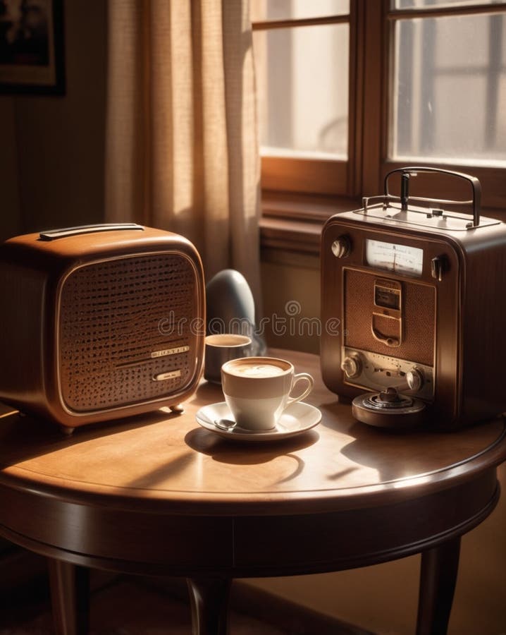 An Old Radio that is on a Table Next To a Cup of Coffee. Stock ...