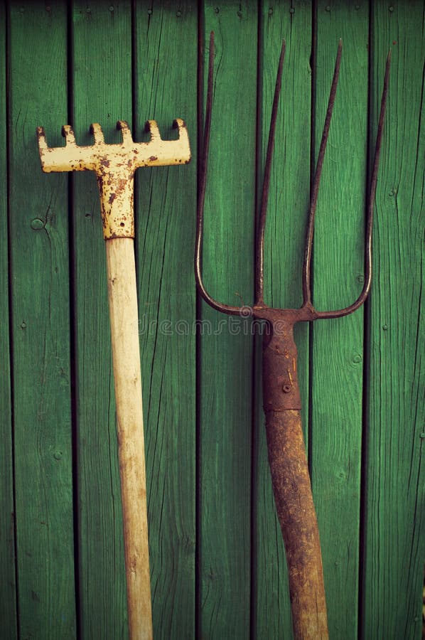 Old Rake and Pitchfork. Old Garden Tools. Stock Image - Image of metal ...