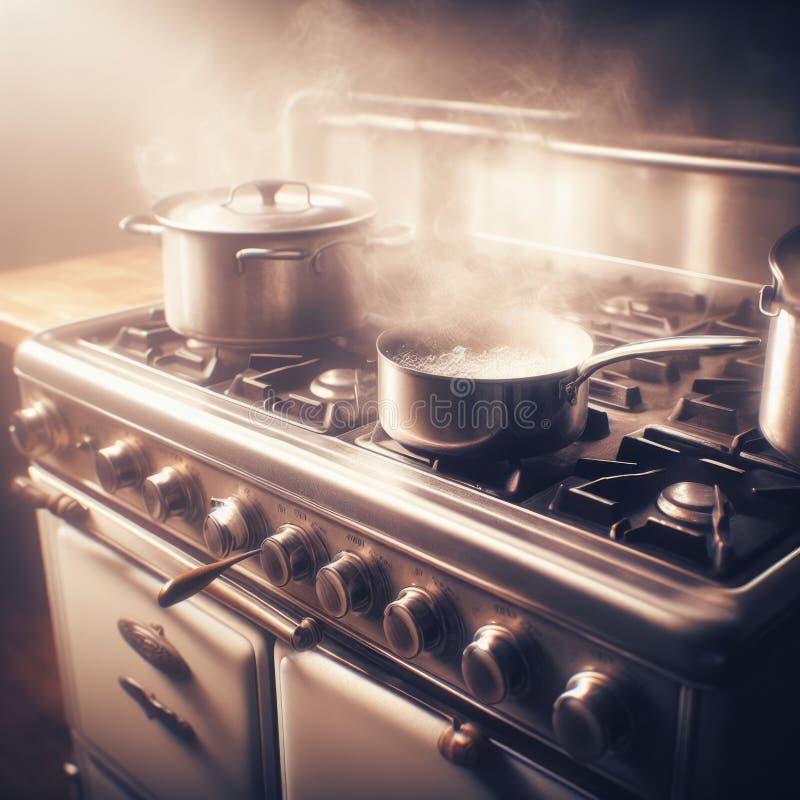Old Range Cooker with Saucepan Preparing Boiling Water Stock ...