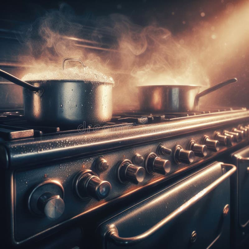 Old Range Cooker with Saucepan Preparing Boiling Water Stock ...