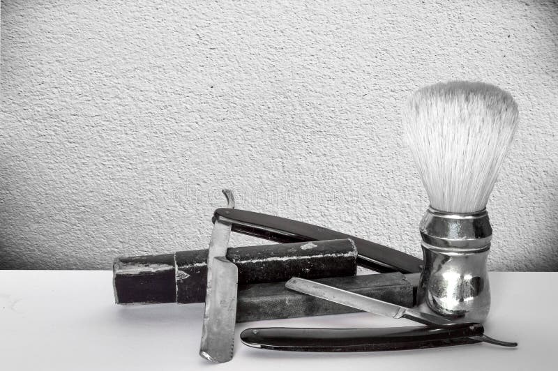 Old Razors and Shaving Brush on Background in Black and White Stock ...