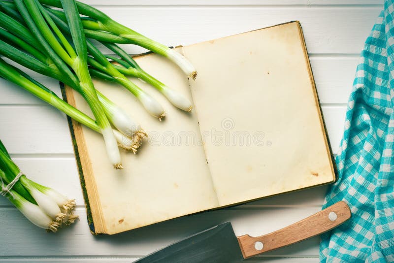 Old Recipe Book with Spring Onion Stock Photo - Image of gourmet, book ...
