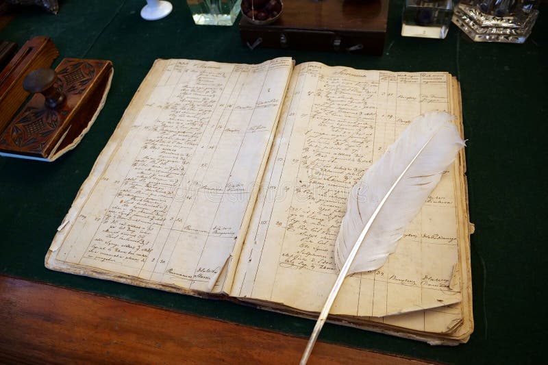 Old Recipe Book and White Feather Pen for Writing on the Table Stock ...