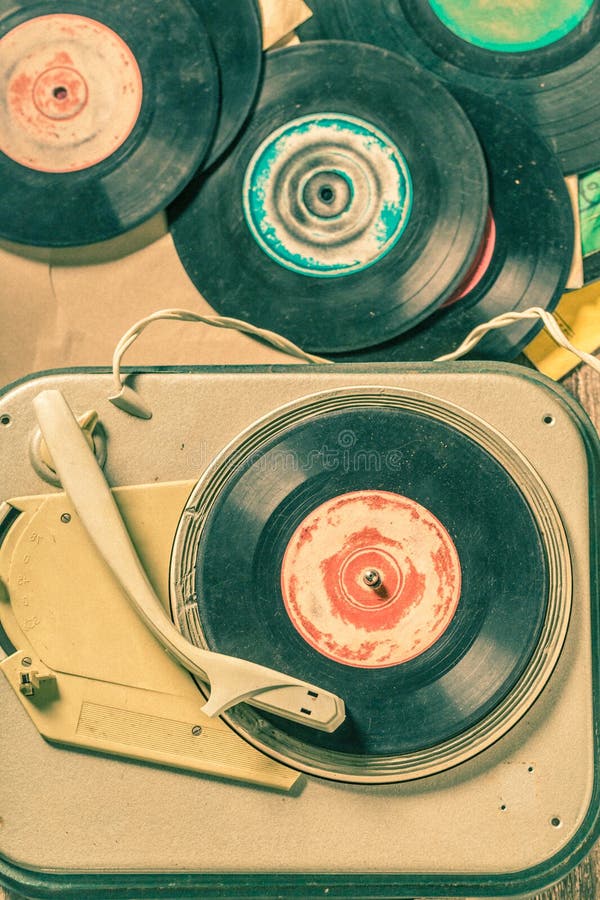 Old Record Player with Few Scratched Vinyl Records Stock Photo - Image ...