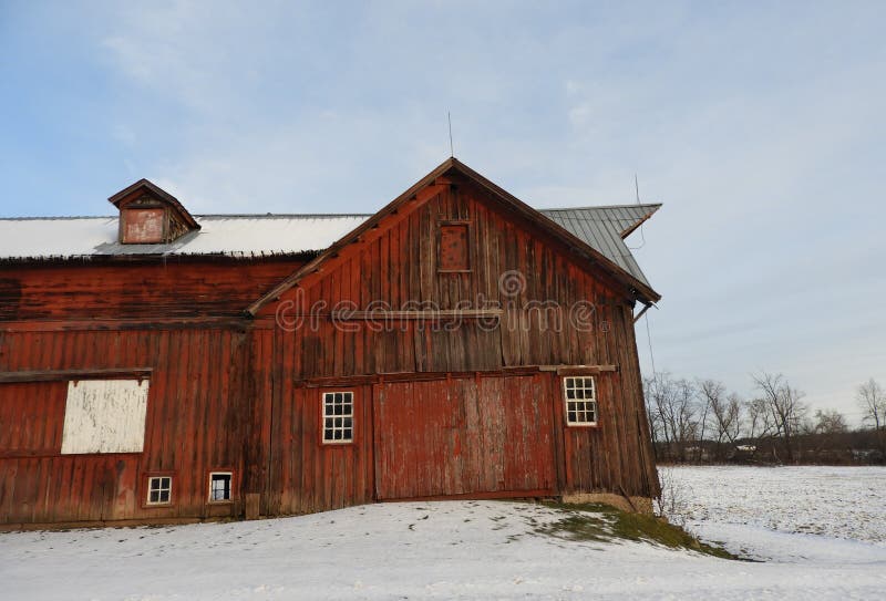 Historic Antique Red Barn after Winter Snowfall Stock Image - Image of ...