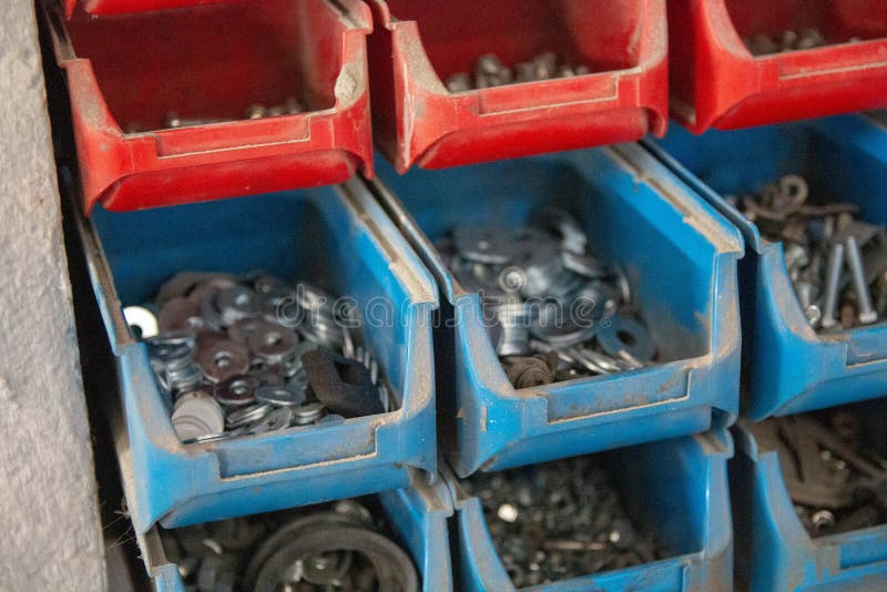 Blue Boxes on a Stock Bin in Warehouse Stock Image - Image of shelf ...