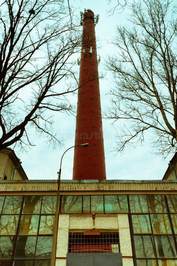 Factory Red Brick Chimney Tower in Cloudy Day. Stock Image - Image of ...