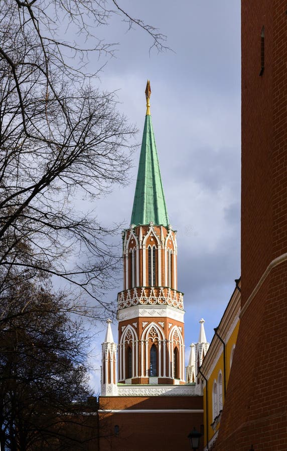 Old Red Brick Kremlin Tower with Green Spire and White Patterns in ...