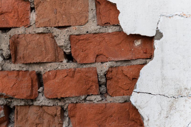 Old Red Brick Wall with Collapsed White Plaster Stock Image - Image of ...