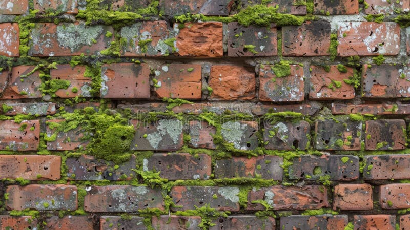 Old Red Brick Wall with Green Moss and Lichen Growth, Rustic Texture ... Old Red Brick Wall with Green Moss and Lichen Growth, Rustic Texture ...
