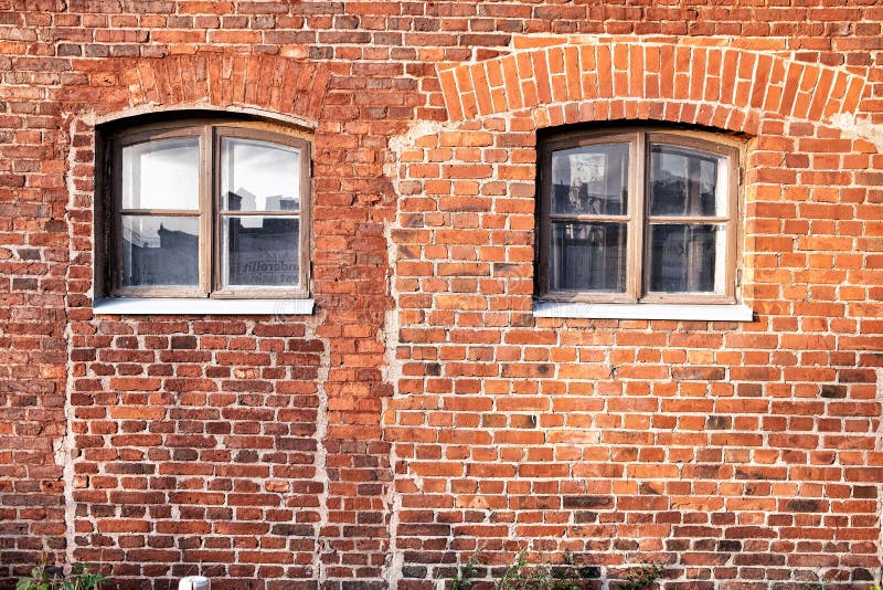 Old Red Brick Wall with Windows Stock Photo - Image of aged, design ...
