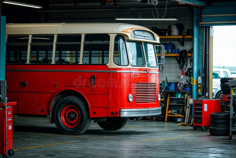 Old Red Bus. 1950s Bus at the Service Station Stock Illustration ...