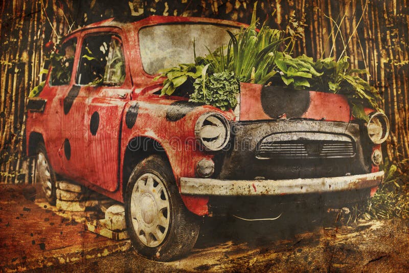 Old red car stock image. Image of wood, black, bamboo - 25955767