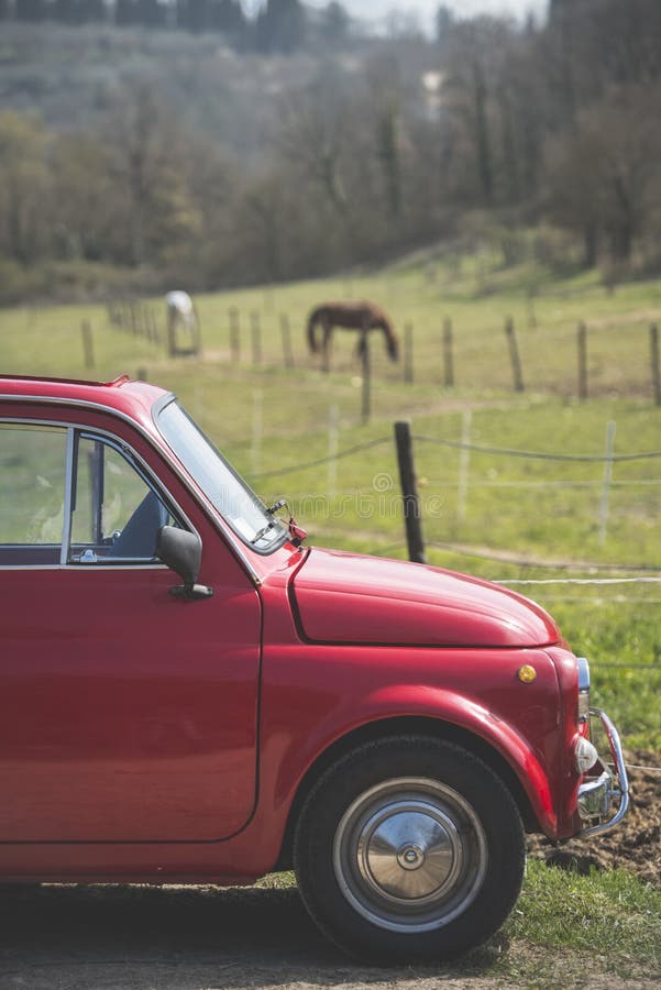 Old Red Car and a Tuscan Landscape Stock Photo - Image of revival ...